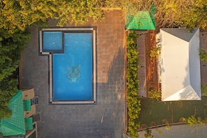 Vista aérea de uma piscina com design em formato de rosto de urso, rodeada por árvores e um edifício com telhado verde.