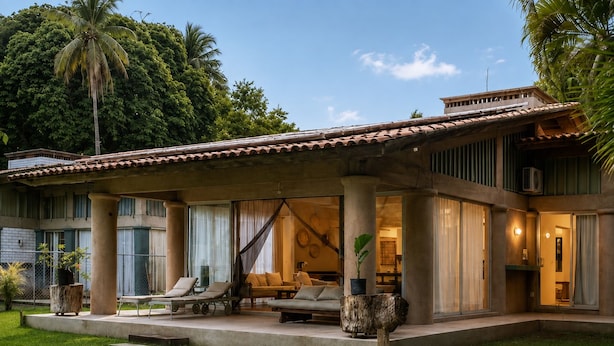Uma casa moderna com varanda coberta, área de estar externa e gramado bem cuidado.