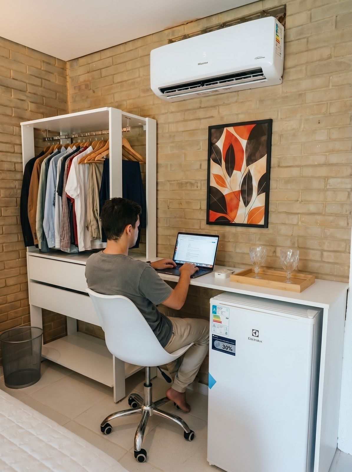 Quarto com escrivaninha branca, laptop, guarda-roupa branco e aparelho de ar condicionado.