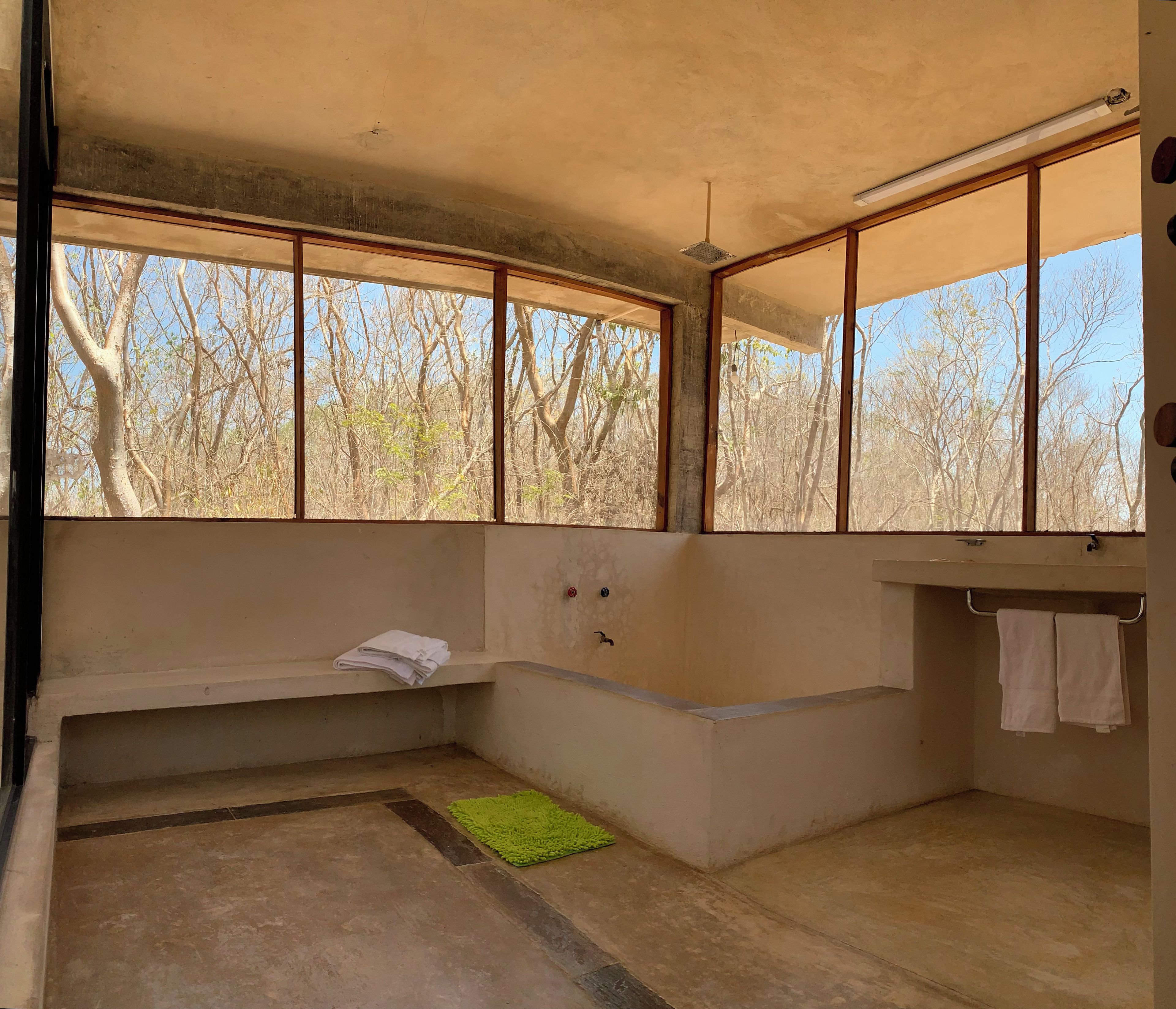 Casa de banho com um banco, um tapete verde e um porta-toalhas.