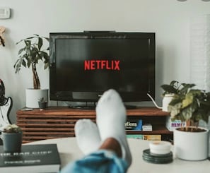 Uma televisão com o logotipo da Netflix na tela, apoiada em um suporte de madeira, com um vaso de planta ao lado.