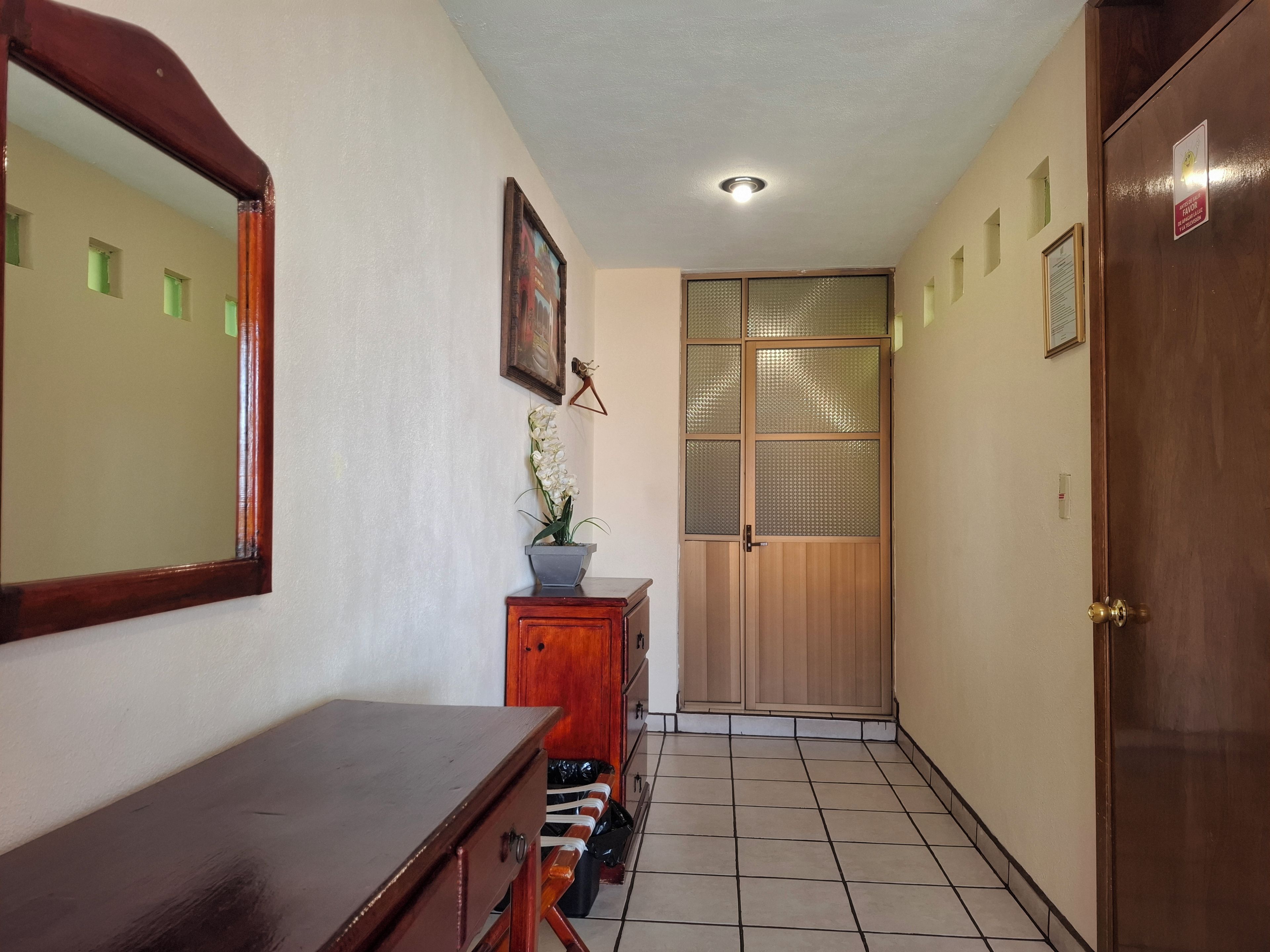 Um corredor com porta de madeira, espelho, quadro emoldurado, planta em vaso e chão de azulejos.