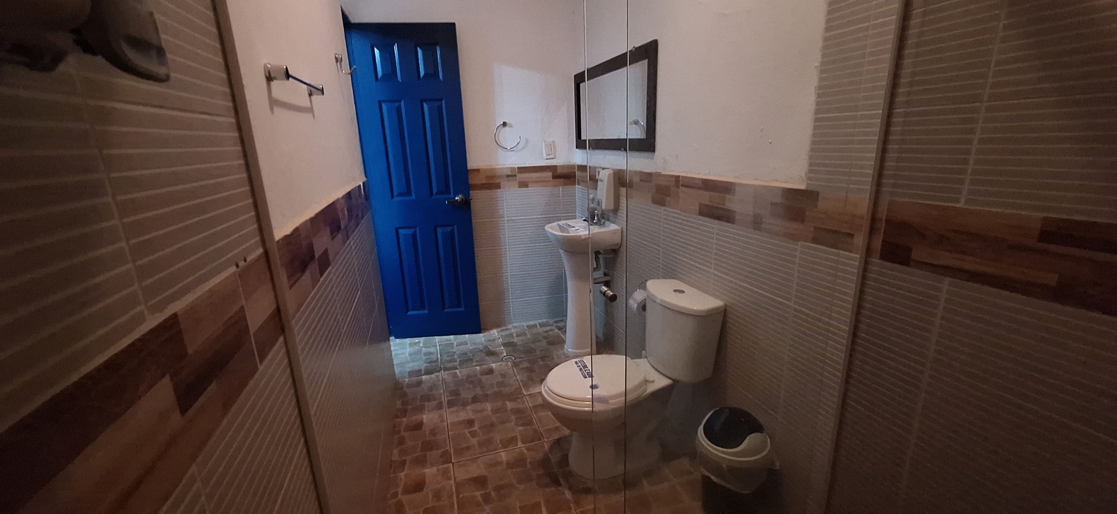 Casa de banho pequena com porta azul, pia e sanita.