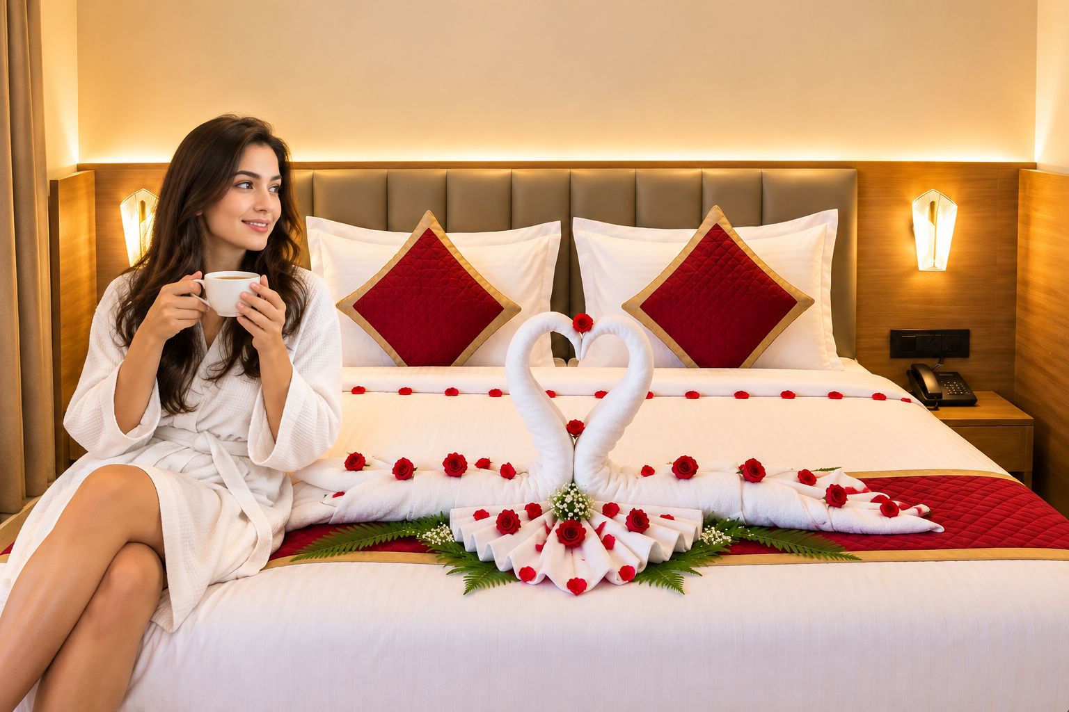 Quarto de hotel com cama decorada com cisne feito de rosas e tecido branco, luminária de cabeceira e telefone na mesa de apoio.