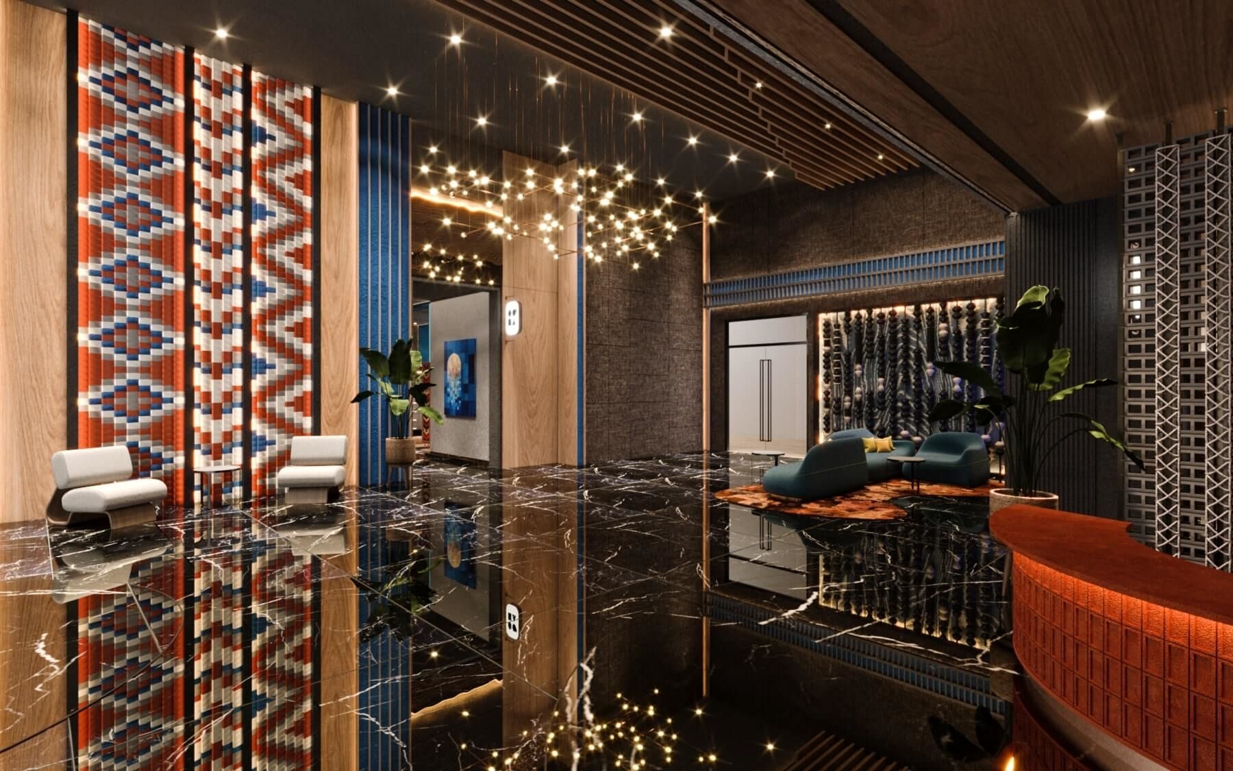 Um lobby moderno com piso de mármore refletivo, áreas de estar e painéis decorativos na parede.