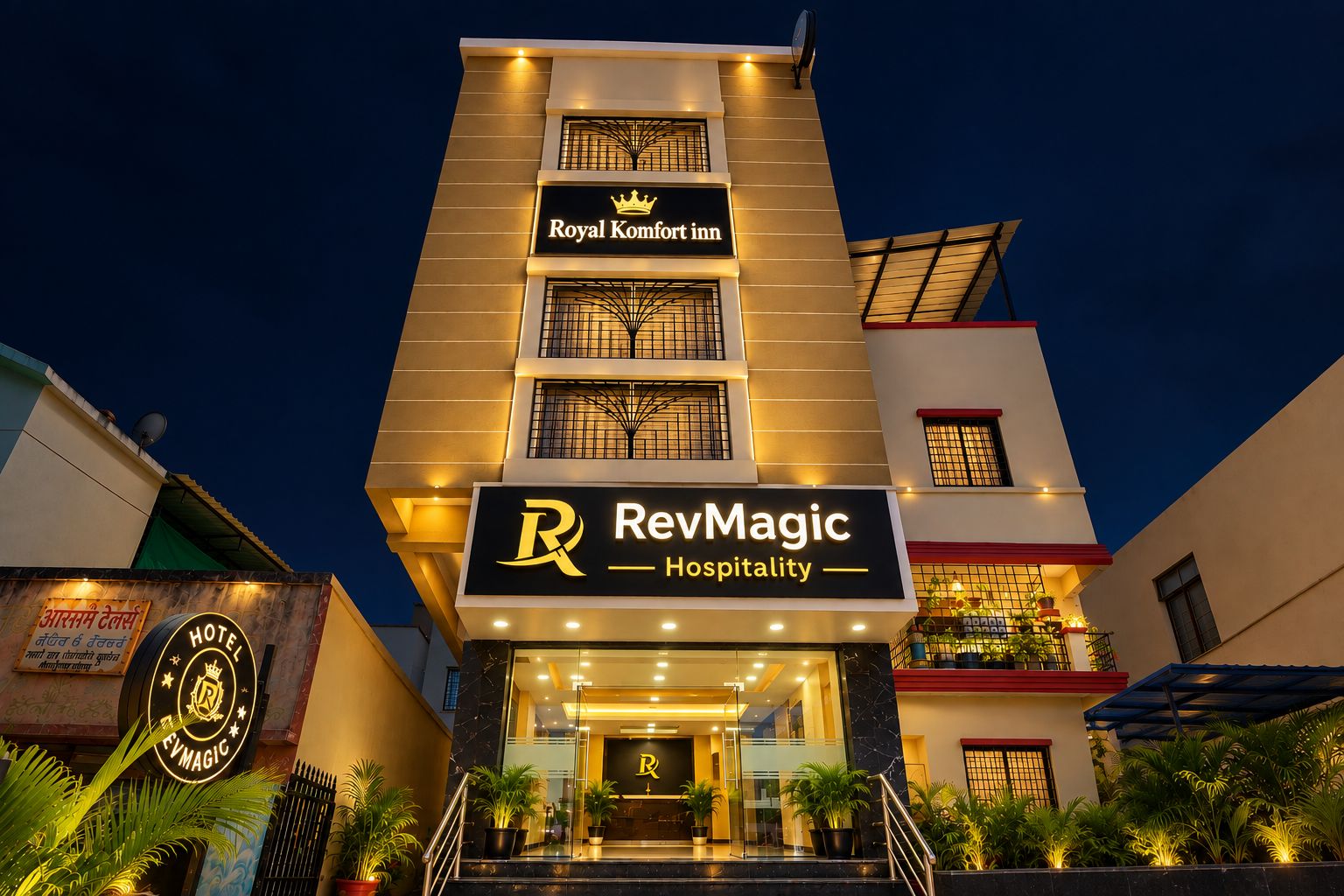 Um hotel com uma placa grande que diz 'Royal Komfort inn' e uma placa 'RevMagic Hospitality' abaixo.