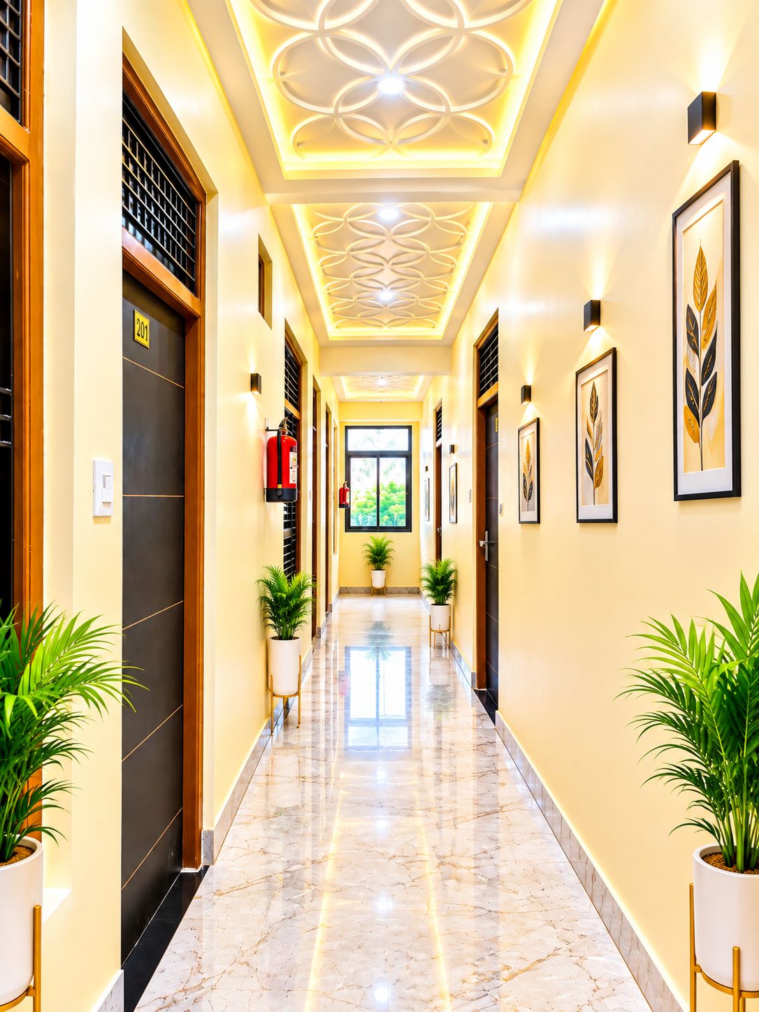 Corredor de hotel com piso de mármore, plantas em vasos, quadros e teto decorativo.