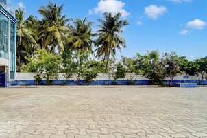 Pátio pavimentado com palmeiras e um edifício de paredes azuis e brancas.