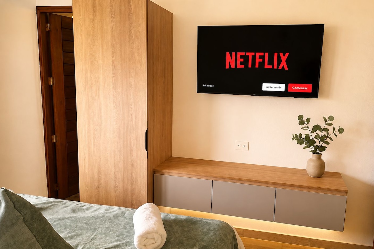 Quarto com cama, guarda-roupa de madeira, televisão montada exibindo o logotipo da Netflix, uma pequena planta em uma prateleira e uma tomada de parede.