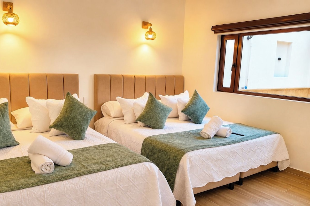 Quarto de hotel com duas camas, cada uma com manta verde, roupa de cama branca e almofadas combinando. Há luminárias fixadas na parede e uma janela com vista.