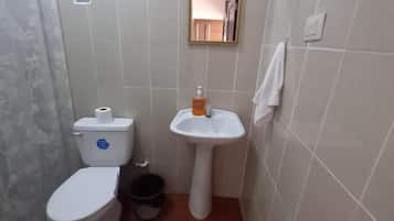 Um banheiro pequeno com vaso sanitário, pia e espelho.