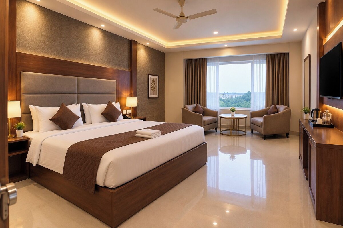 Quarto de hotel com cama grande, duas poltronas, mesa pequena, televisão e vista para o exterior.