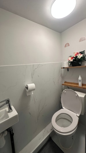 Casa de banho com sanita, lavatório e prateleira com uma garrafa e flores.