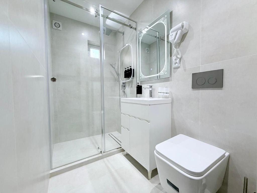 Casa de banho moderna com cabine de duche em vidro, sanita branca e espelho com secador de cabelo sobre a toucador.