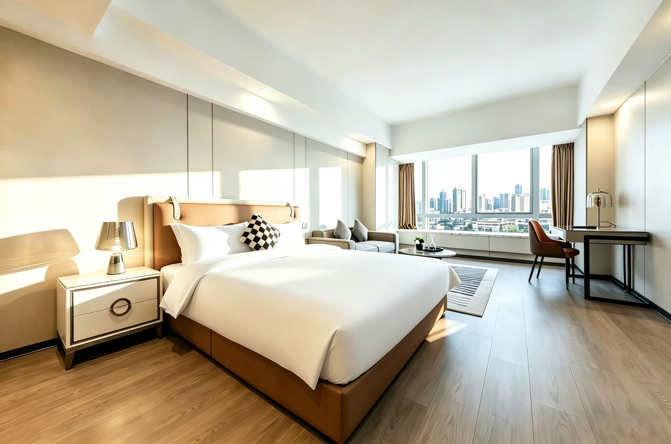 Quarto de hotel moderno com uma cama grande, uma escrivaninha e vista para o horizonte da cidade.