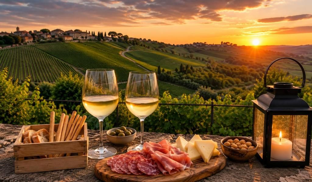 Vista panorâmica de um vinhedo, com uma mesa posta para refeição, incluindo palitos de pão, queijos, embutidos, azeitonas e copos de vinho branco.