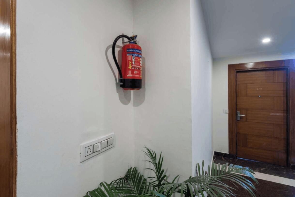 Extintor de incêndio fixado na parede em um corredor com porta de madeira e planta.