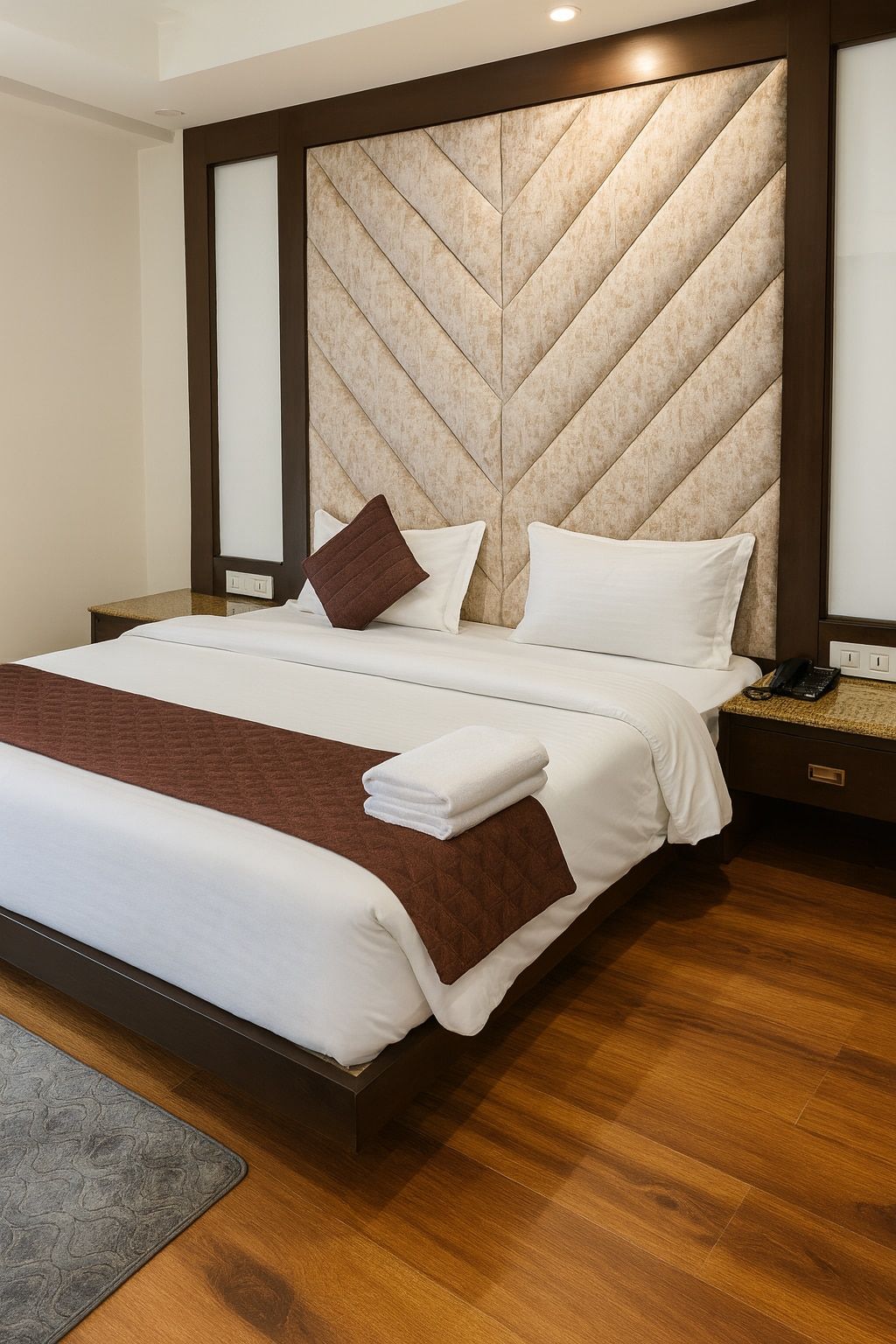 Quarto de hotel com uma cama grande, cabeceira com padrão geométrico, mesa de cabeceira com telefone e piso de madeira.