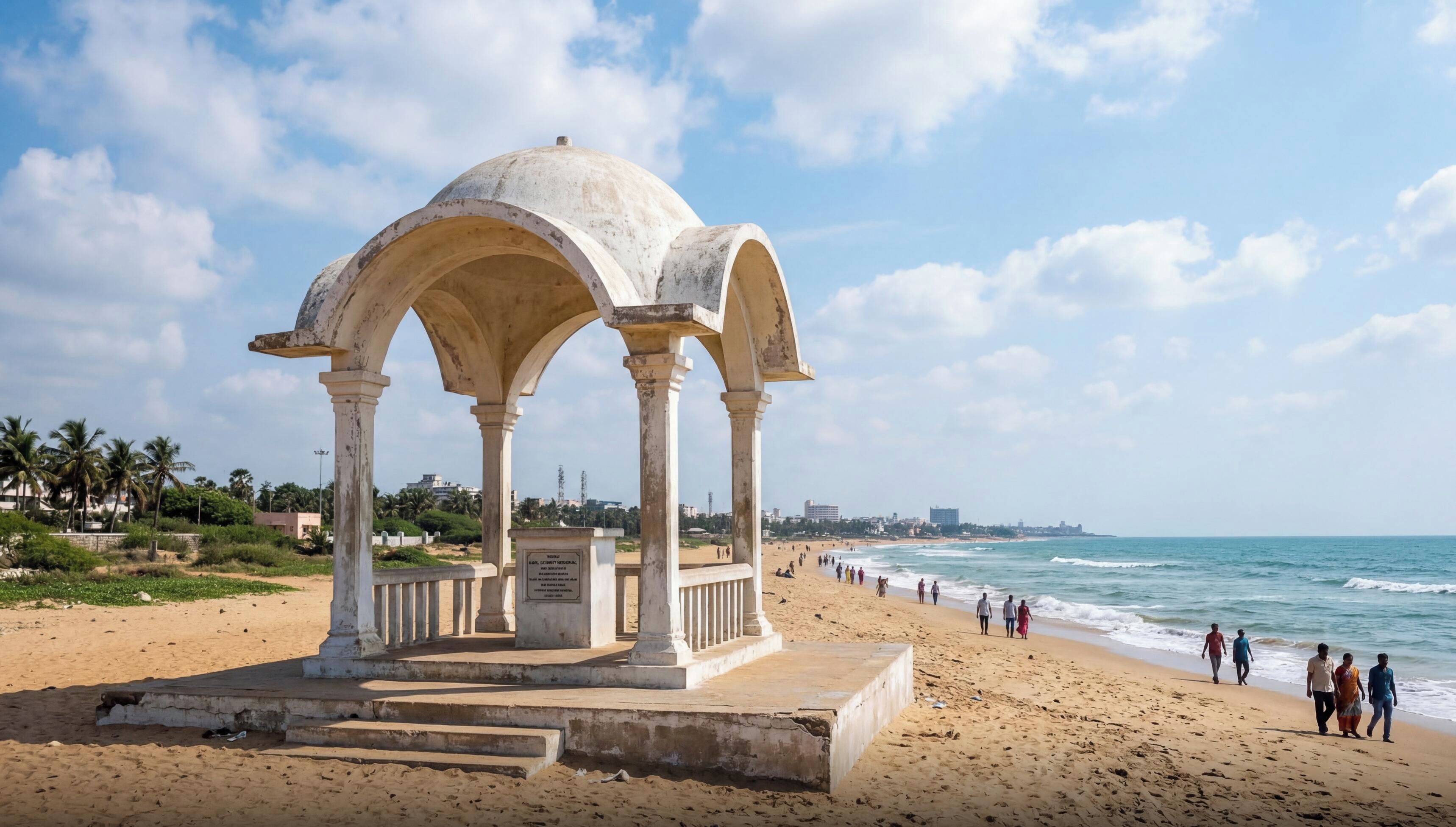 Uma praia com um monumento histórico, arcos e uma placa.