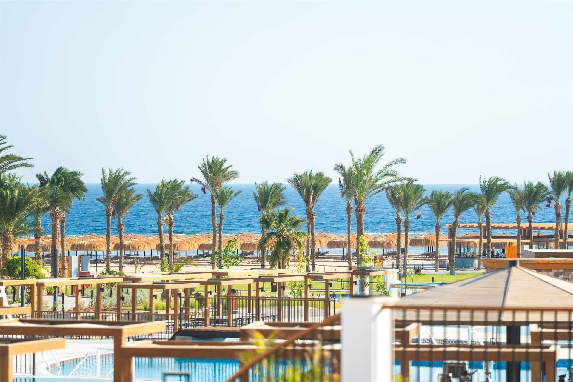 Um resort com área de piscina, palmeiras e vista para o mar.
