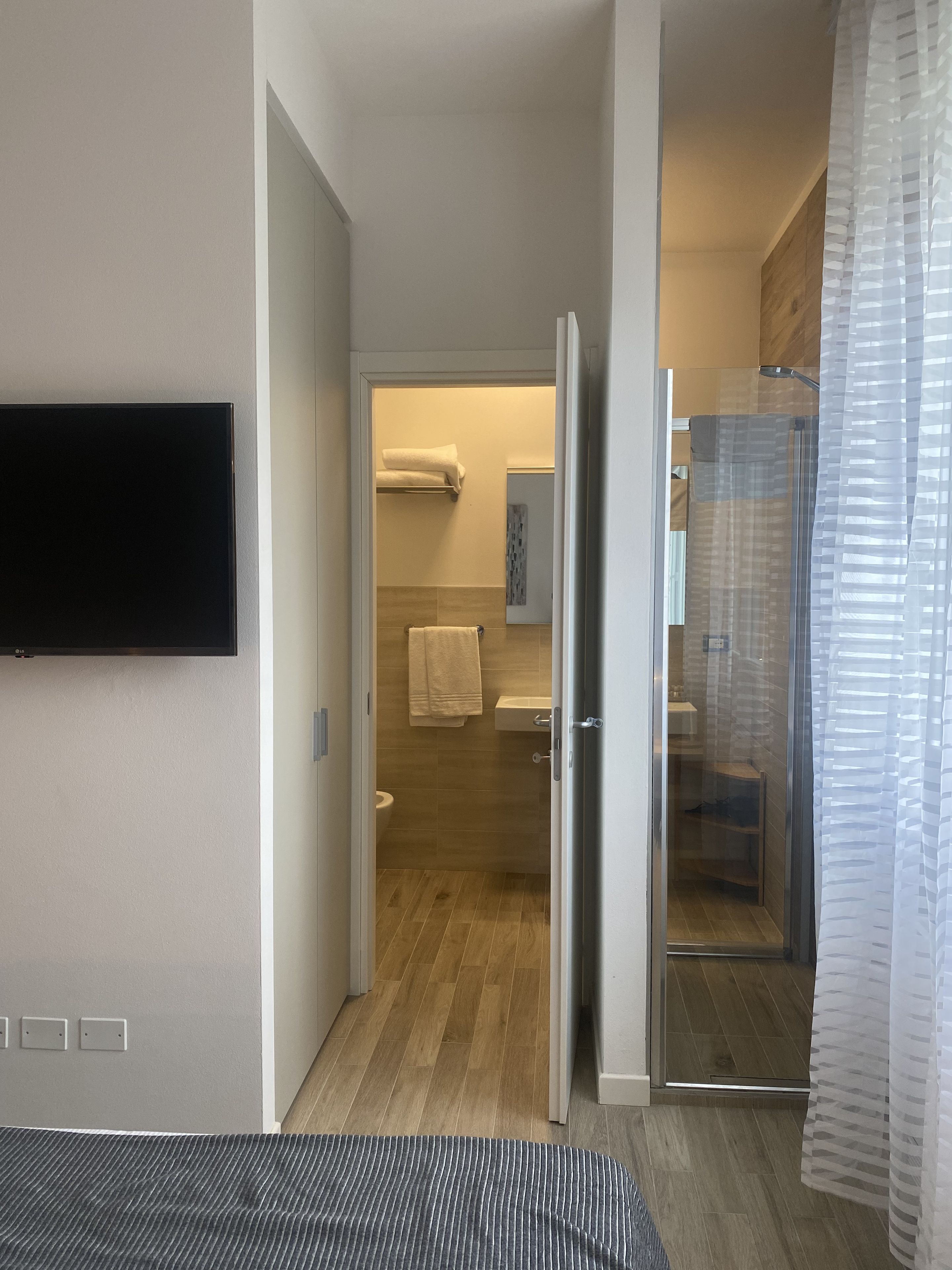 Quarto de hotel com cama, televisão na parede, área de chuveiro com porta de vidro e sanitário.