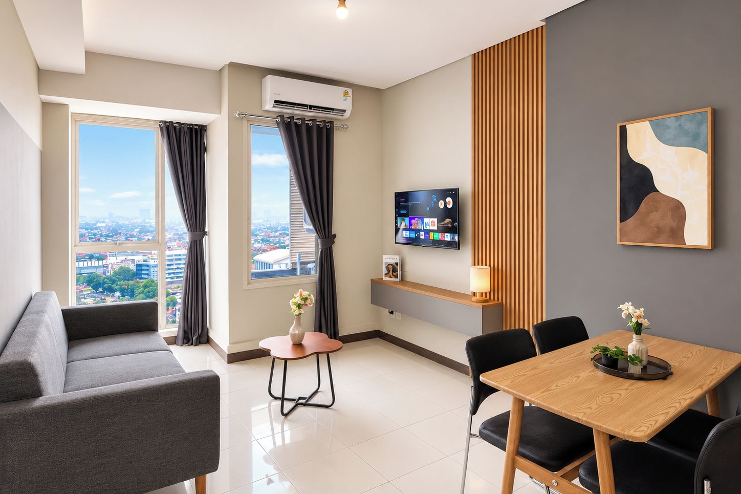 Quarto de hotel moderno com sofá, mesa de jantar, cadeiras, televisão e vista para a cidade.