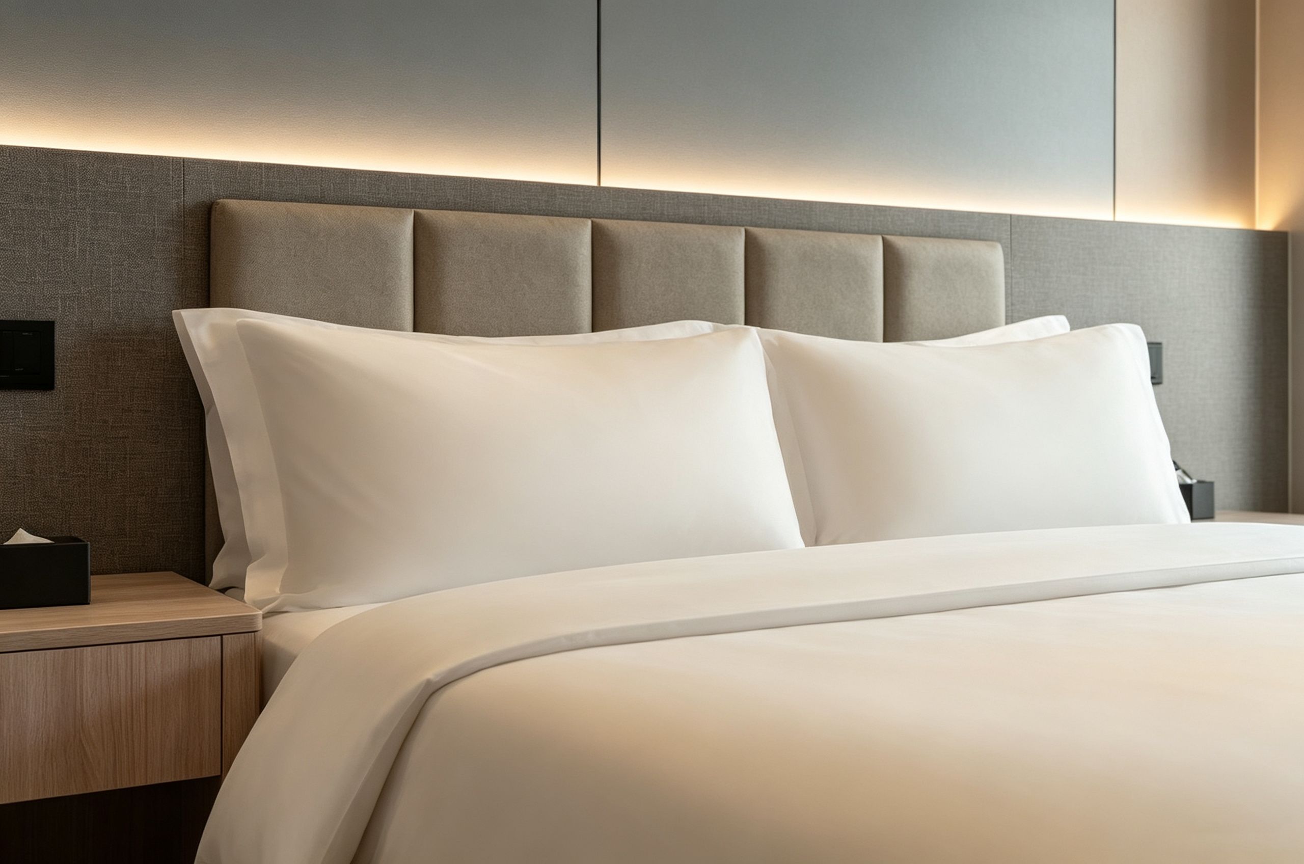 Cama bem arrumada com cabeceira, mesa de cabeceira com caixa de lenços e luminária fixada na parede.
