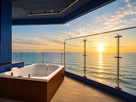 Casa de banho moderna com uma banheira grande, toucador de madeira e varanda envidraçada com vista para o mar ao pôr do sol.