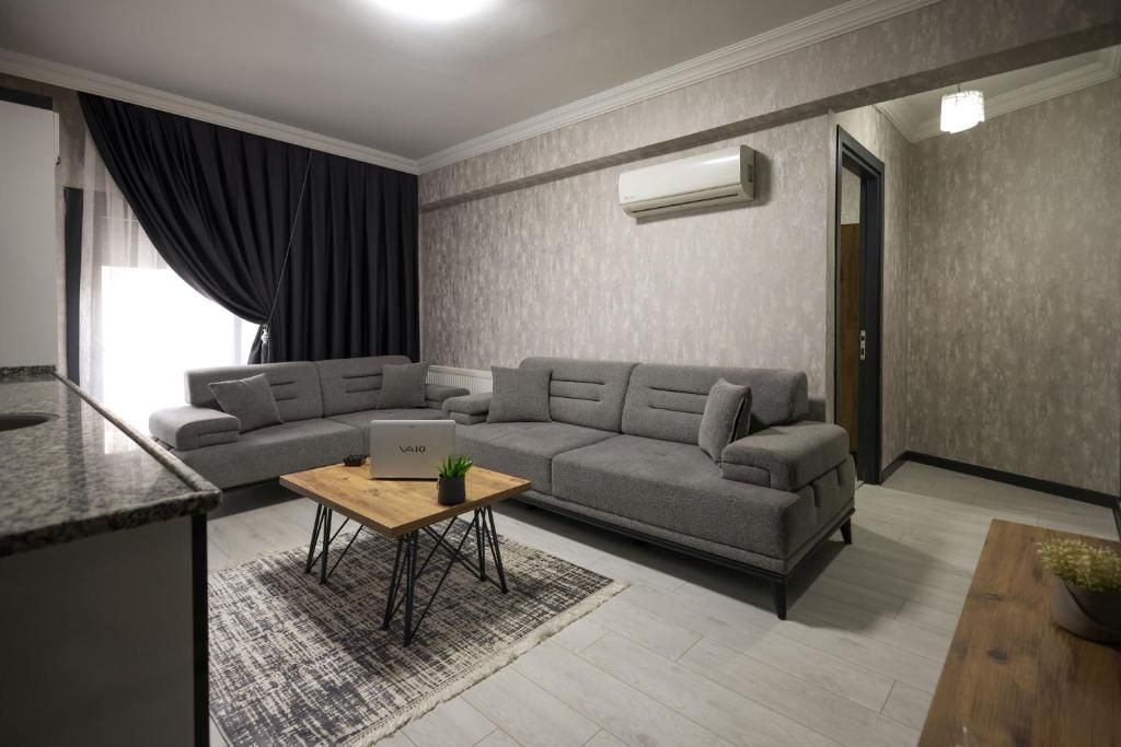 Uma sala de estar moderna com um sofá seccional cinza, uma mesa de centro de madeira e uma pequena planta.