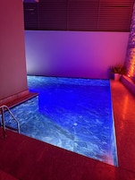 Piscina com fundo de vidro, rodeada por paredes vermelhas e um vaso de planta.