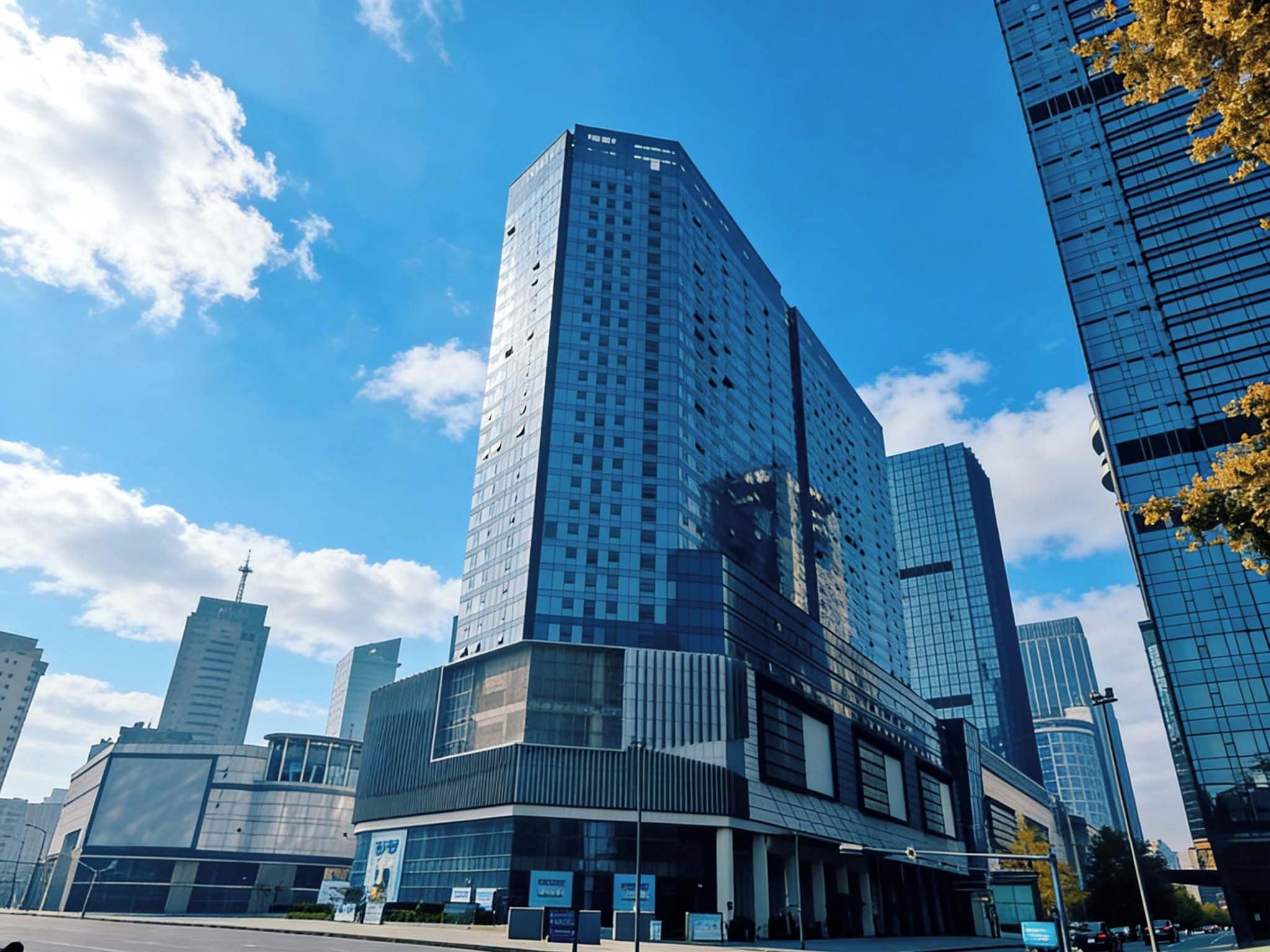 Um moderno edifício alto com fachada de vidro, cercado por outros edifícios imponentes em uma paisagem urbana.