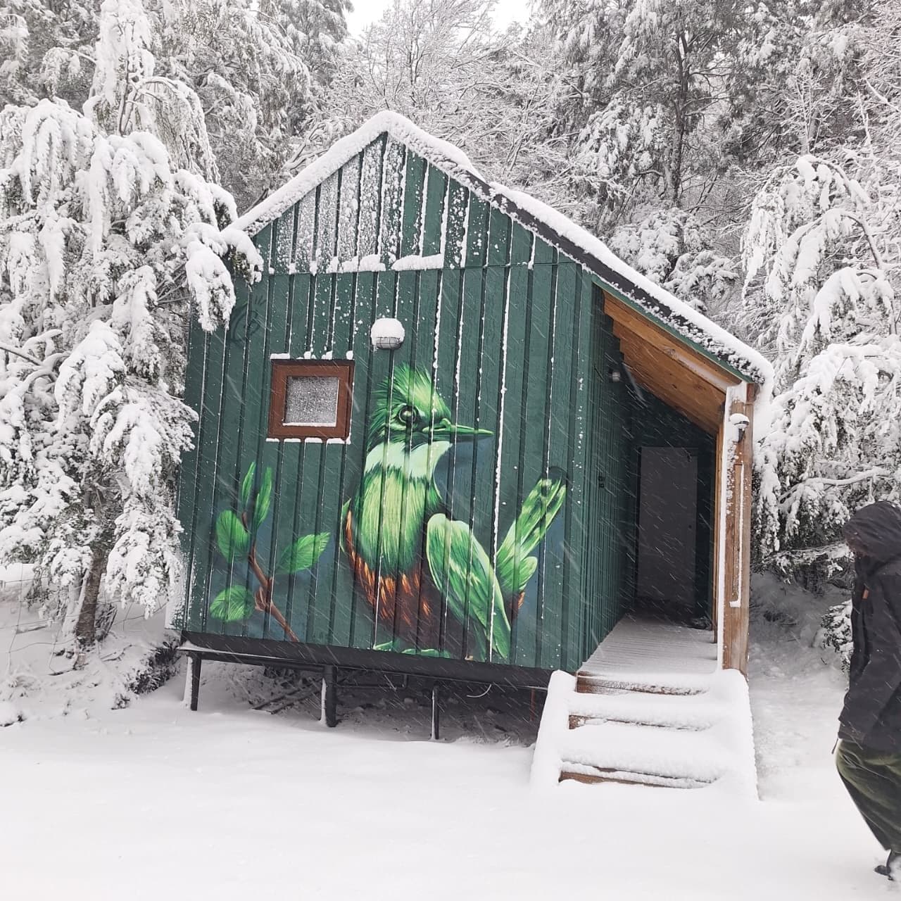 Uma cabana de madeira coberta de neve com um mural de beija-flor em sua lateral.
