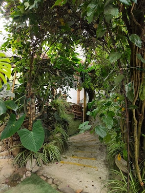 Um caminho no jardim, ladeado por vegetação exuberante e plantas.