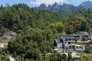 Área residencial com edifícios modernos e tradicionais, em meio a uma floresta densa e relevo montanhoso.