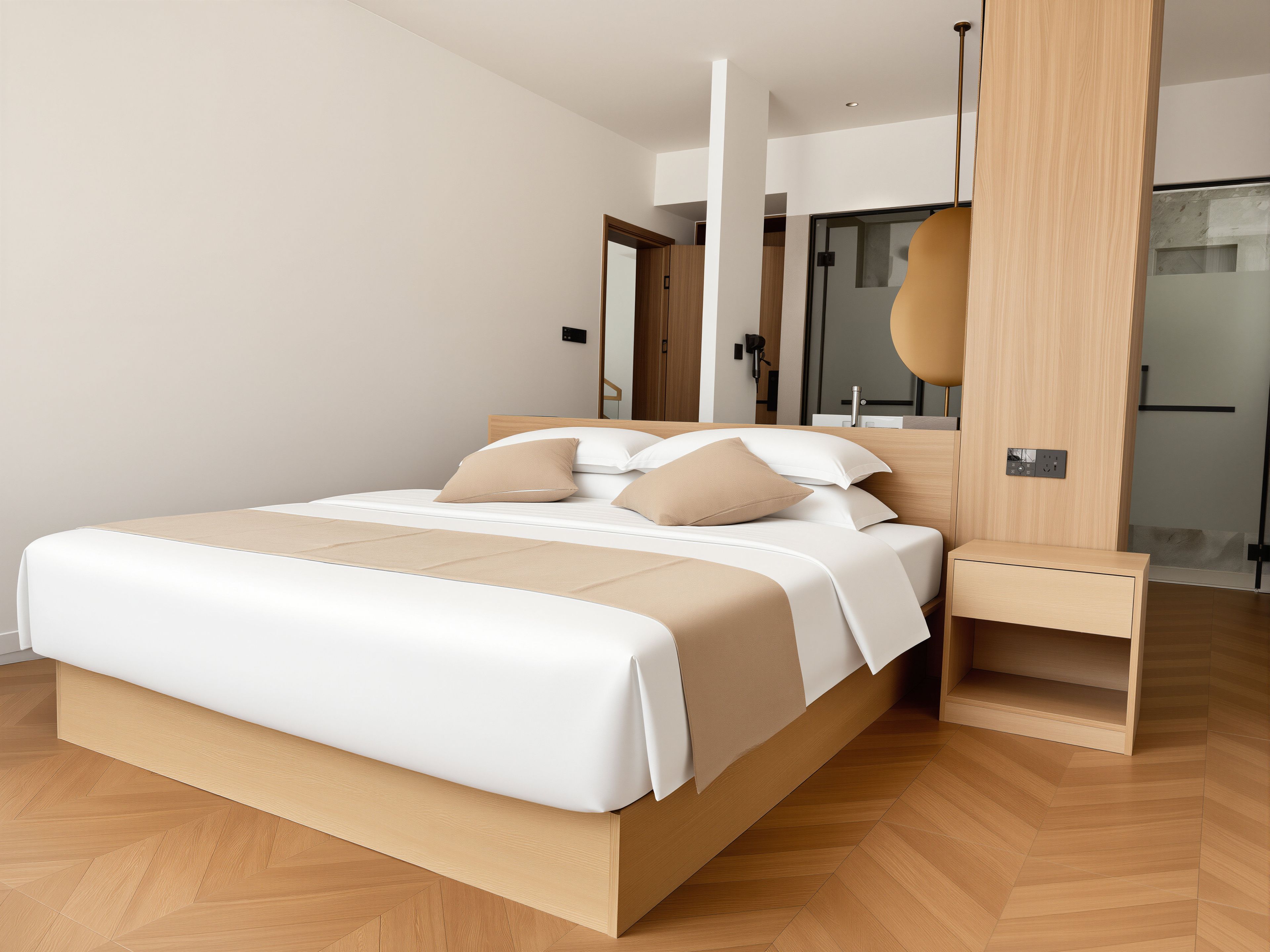 Quarto moderno com cama grande, mesas de cabeceira e piso de madeira.