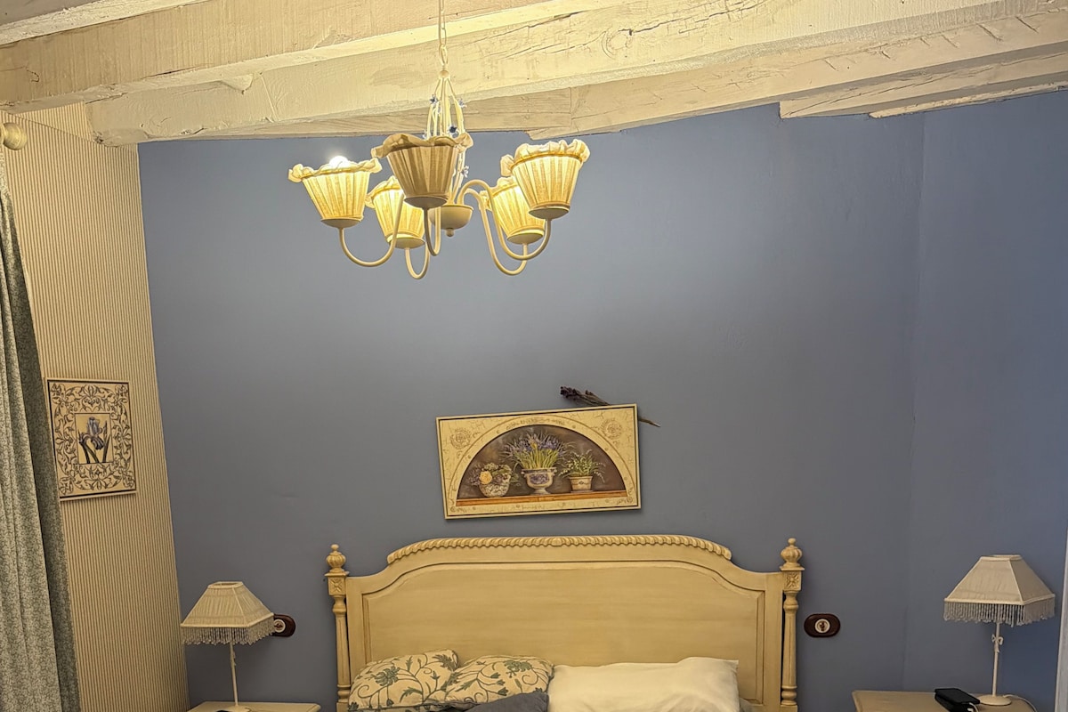 Quarto com cama, mesas de cabeceira, cômoda, lustre e um quadro na parede.