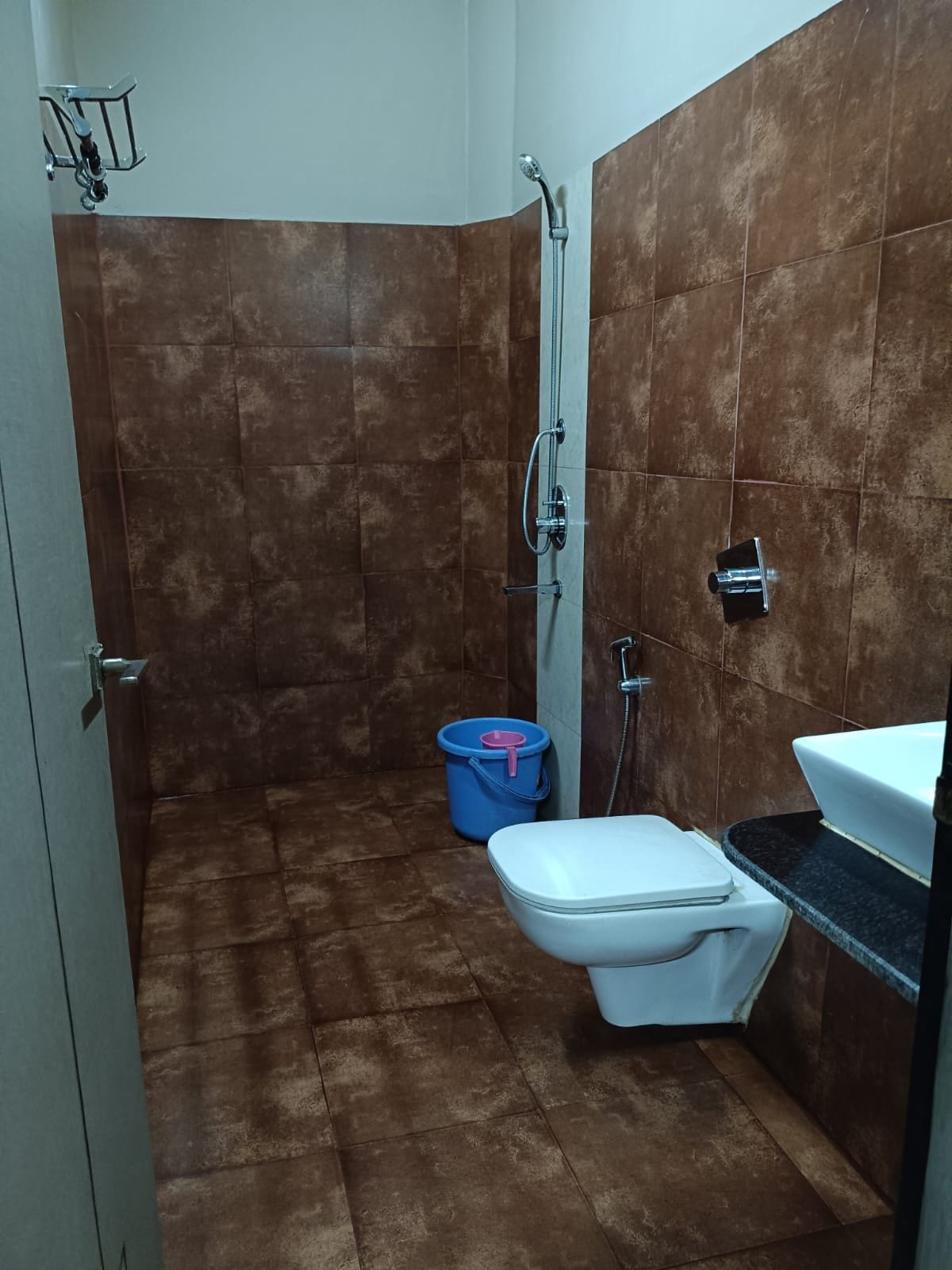 Uma casa de banho pequena com chuveiro, sanita e lavatório.