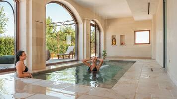 Piscina interior ampla com água cristalina, rodeada por grandes janelas e vista para o verde lá fora.