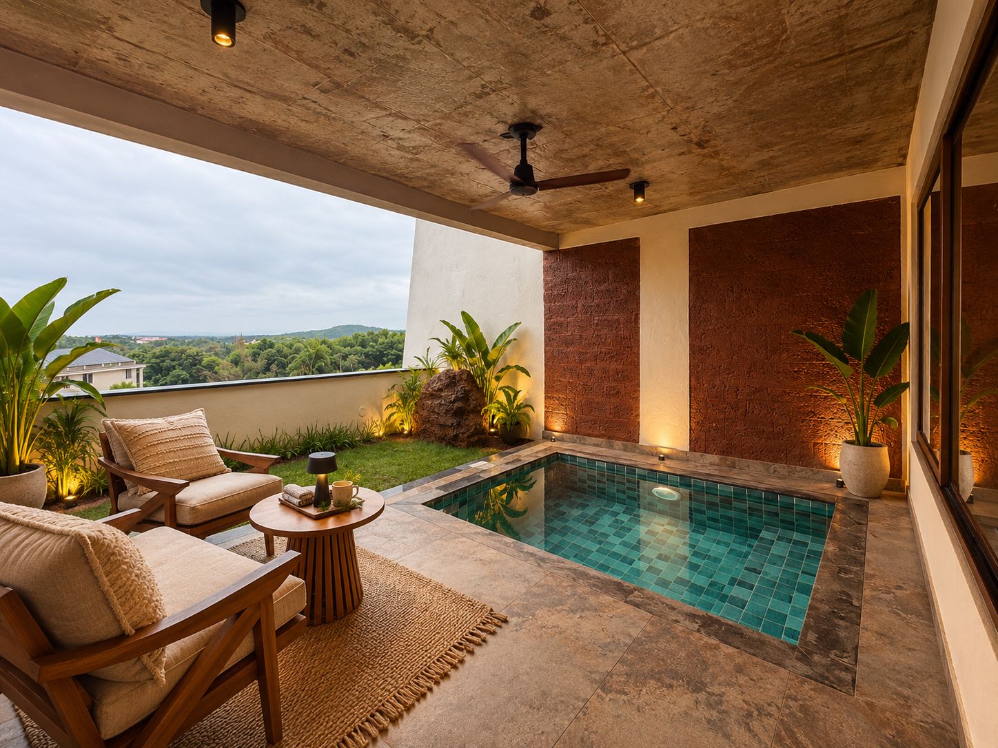 Área de piscina no terraço, com espaço para sentar e vista da paisagem ao redor.