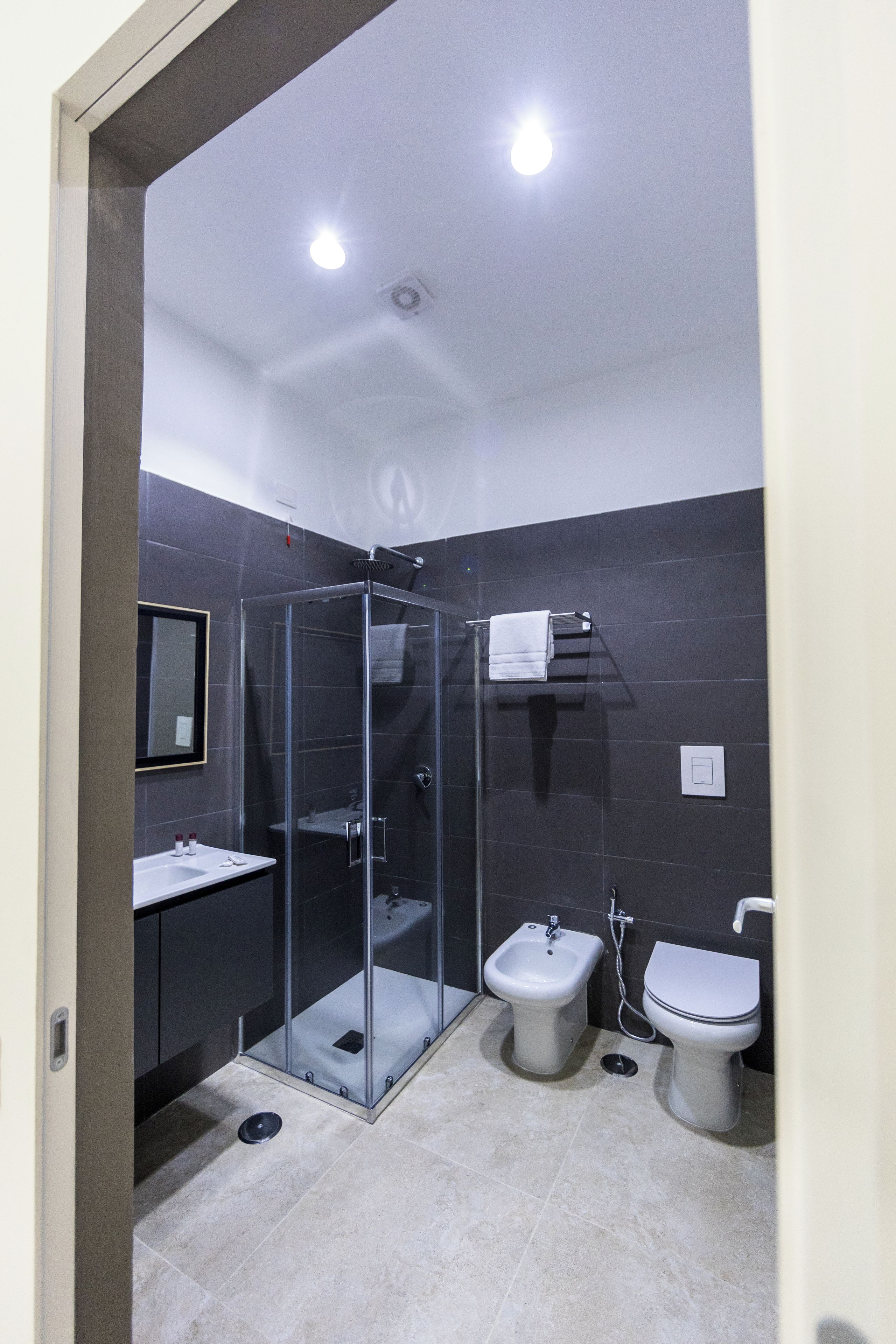Um banheiro moderno com chuveiro em cabine de vidro, um bidê e um vaso sanitário.