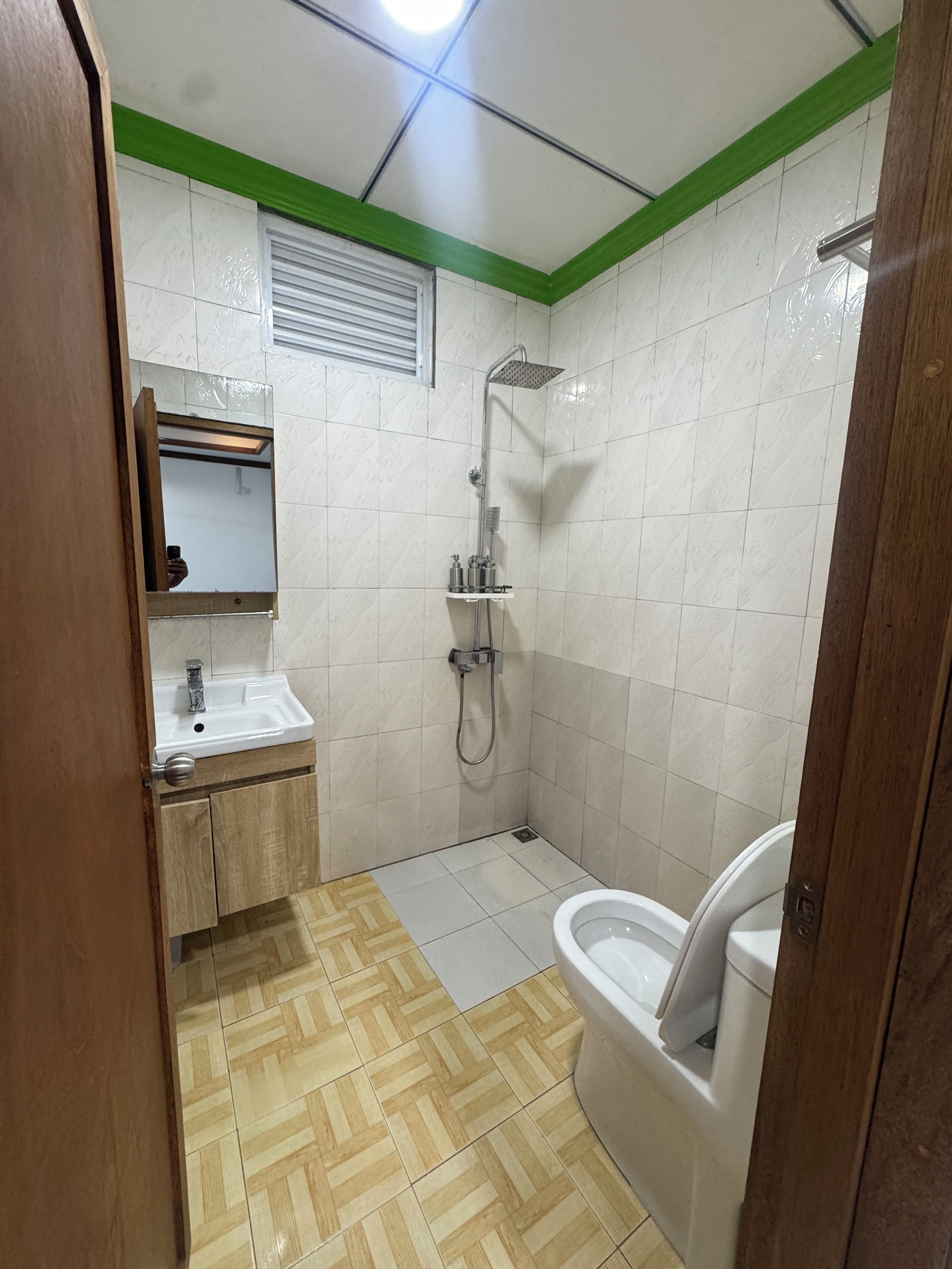 Casa de banho com chuveiro, sanita, lavatório e espelho.