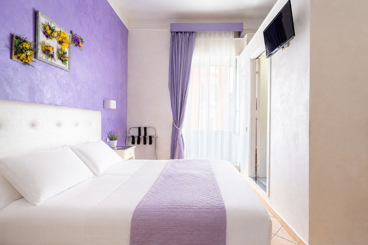 Quarto de hotel com cama, televisão na parede, janela com cortinas e pequena mesa com planta.