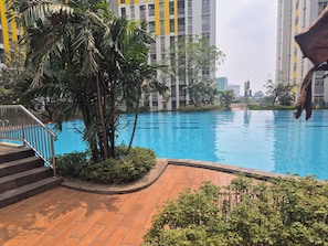 Piscina com deck de madeira e guarda-corpo de metal, rodeada por vegetação e edifícios modernos ao fundo.