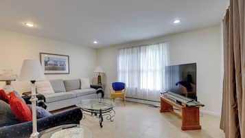 Uma sala de estar com sofá, mesa de centro de vidro, televisão e uma cadeira de vime.