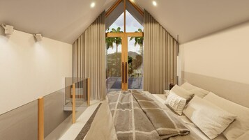 Quarto com uma janela ampla, cama, divisória de vidro e cortinas.