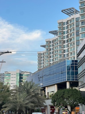Um edifício moderno de vários andares com fachada de vidro, rodeado por palmeiras e outros edifícios comerciais.