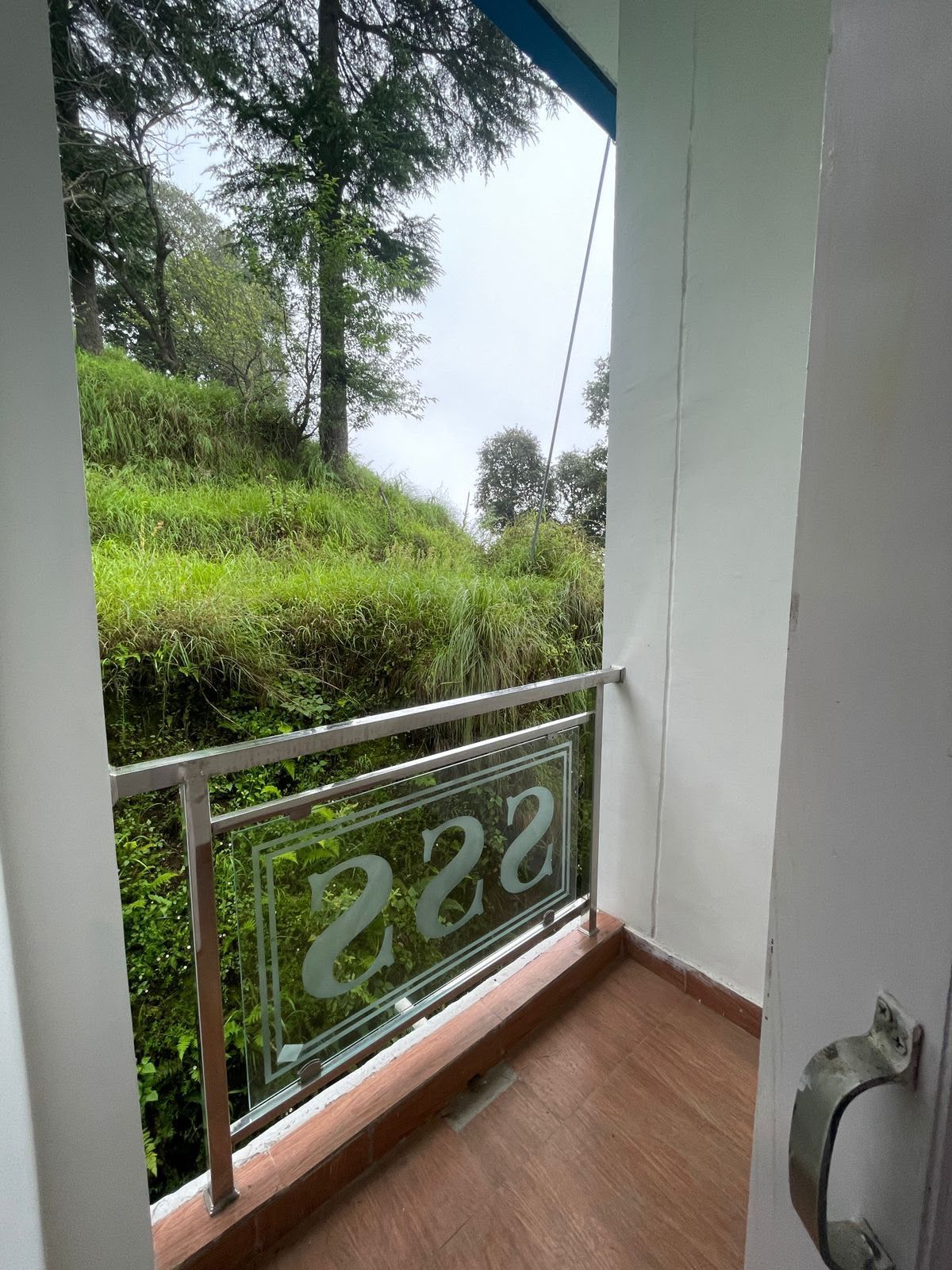 Uma varanda com grades de metal, uma porta de vidro com o número '222' e vista para uma encosta gramada com árvores.