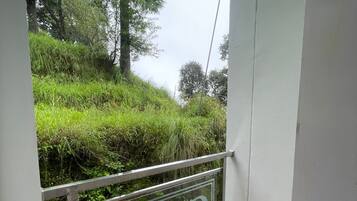Uma varanda com grades de metal, uma porta de vidro com o número '222' e vista para uma encosta gramada com árvores.