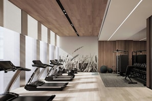 Academia moderna com esteiras, bolas de exercício e equipamentos de peso.