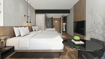 Quarto de hotel moderno com uma cama grande, mesas de cabeceira, uma mesa redonda e uma televisão.